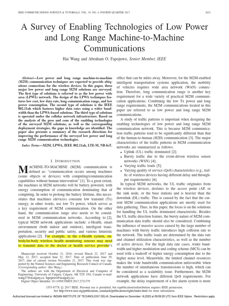 A Survey of Enabling Technologies of Low Power and Long Range Machine-to-Machine Communications ...