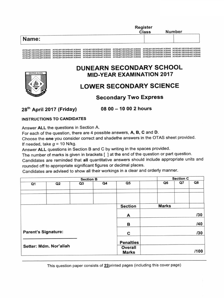 Sec 2 Science SA1 Dunearn Sec 2017 | PDF