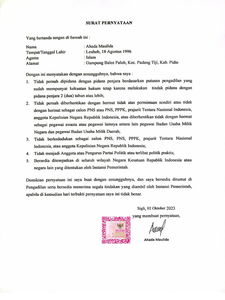 Surat Pernyataan e Materai | PDF