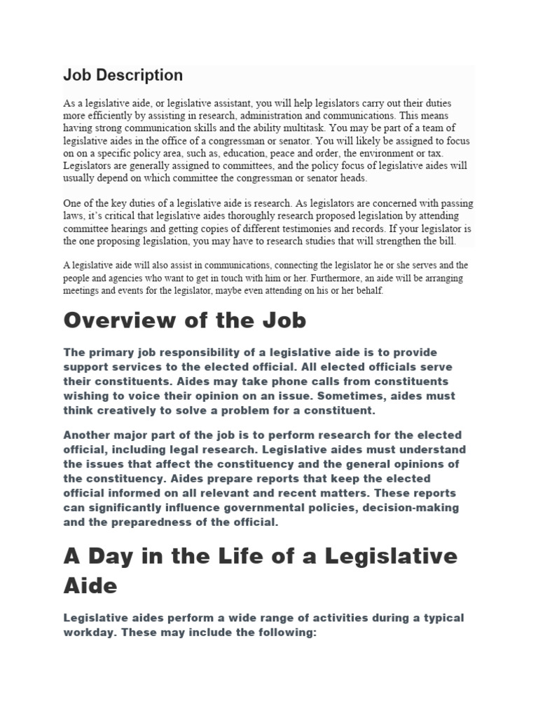 Legislative Aide Job Description | PDF | United States Congress ...