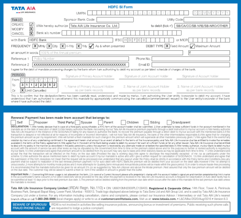 HDFC Standing Instruction Form Guide | PDF | Insurance | Life Insurance