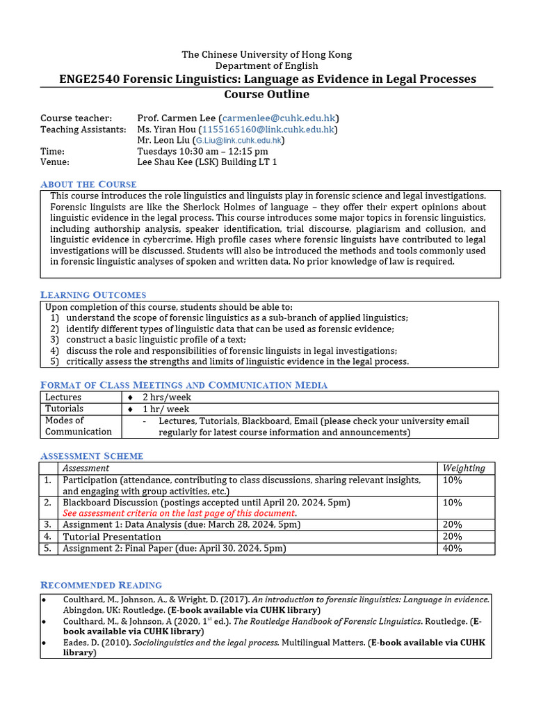 Forensic Linguistics Course Outline | PDF | Critical Thinking | Linguistics
