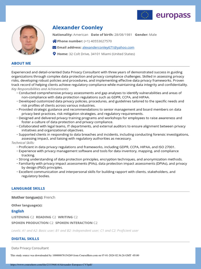 Alexander Europass CV5 PDF | PDF | Privacy | Regulatory Compliance