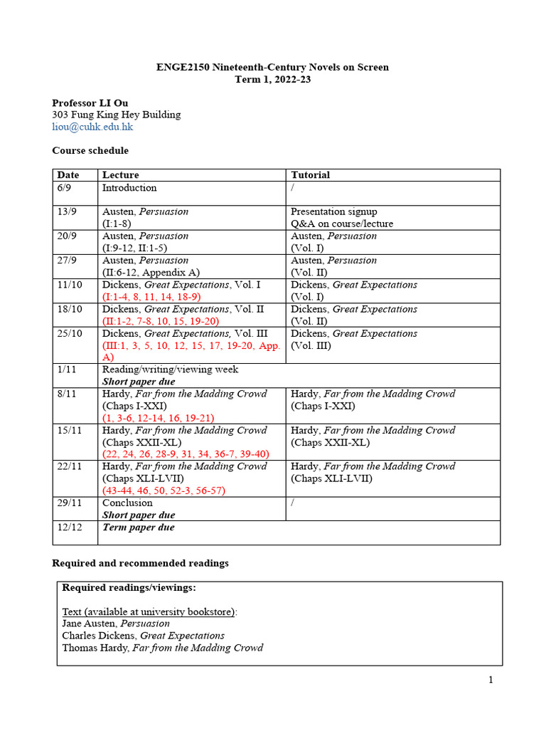 ENGE2150 19th Century Novels On Screen Syllabus 22 | PDF | Great ...
