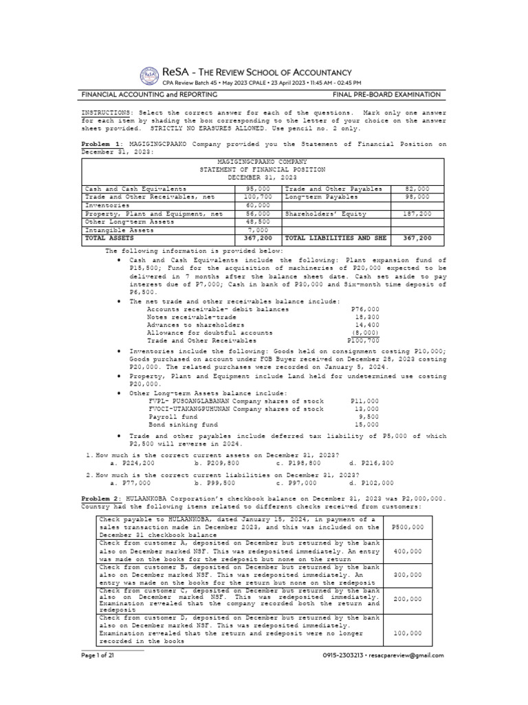Open ReSA B45 FAR Final PB Exam Questions Answers Solutions | PDF | Bonds (Finance) | Balance Sheet