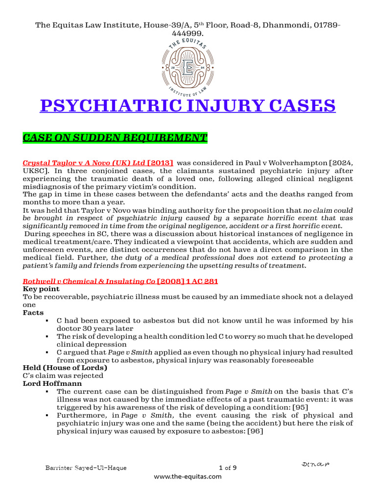 Psychiatric Injury Important Cases | PDF | Negligence | Common Law
