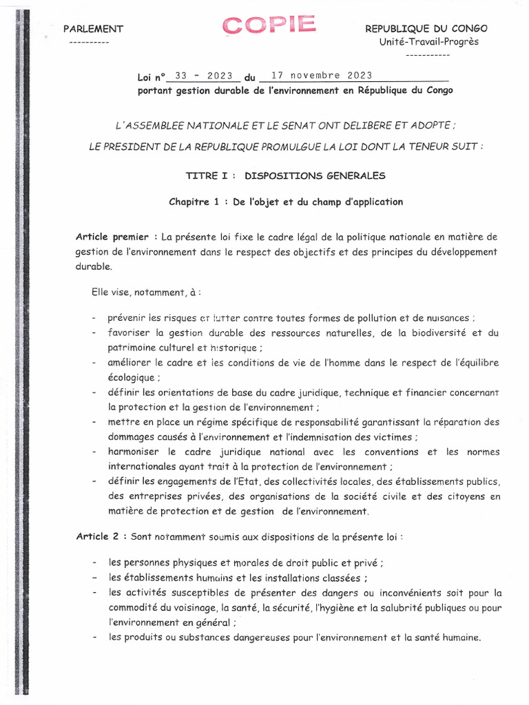 Loi N 33 2023 Du 17 Novembre Portant Gestion Durable de Lenvironnement ...