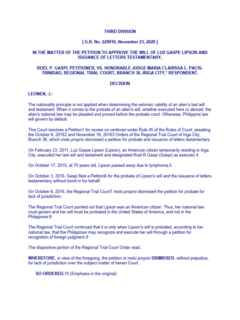 In The Matter of The Petition To Approve The Will of Luz Gaspe Lipson ...