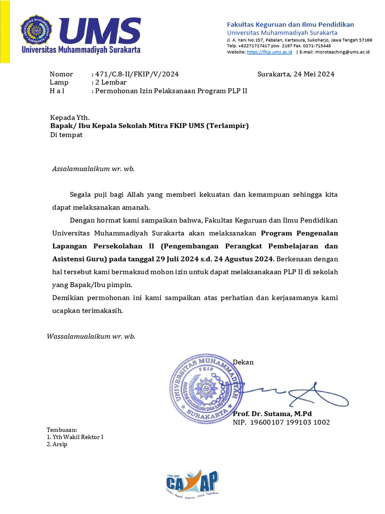 Surat Permohonan Izin PLP II 2024 FKIP-UMS | PDF