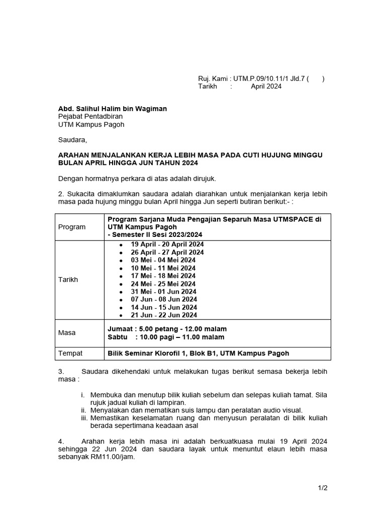 Surat Arahan Kerja Lebih Masa (Apr-Jun 2024) | PDF