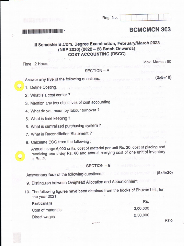 BCOM III Semester Cost Accounting NEP Feb 2023 | PDF
