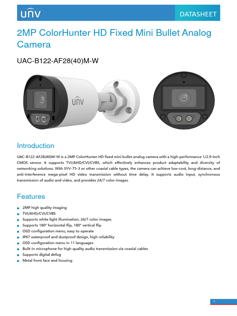 20230912 - 1887732 - UNV 【Datasheet】UAC-B122-AF28 (40) M-W 2MP ColorHunter HD Fixed Mini Bullet ...