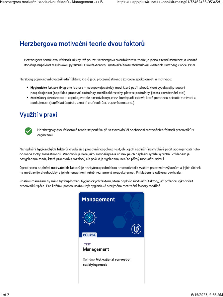 Herzbergova Motivační Teorie Dvou Faktorů - Management - uuBookKit | PDF