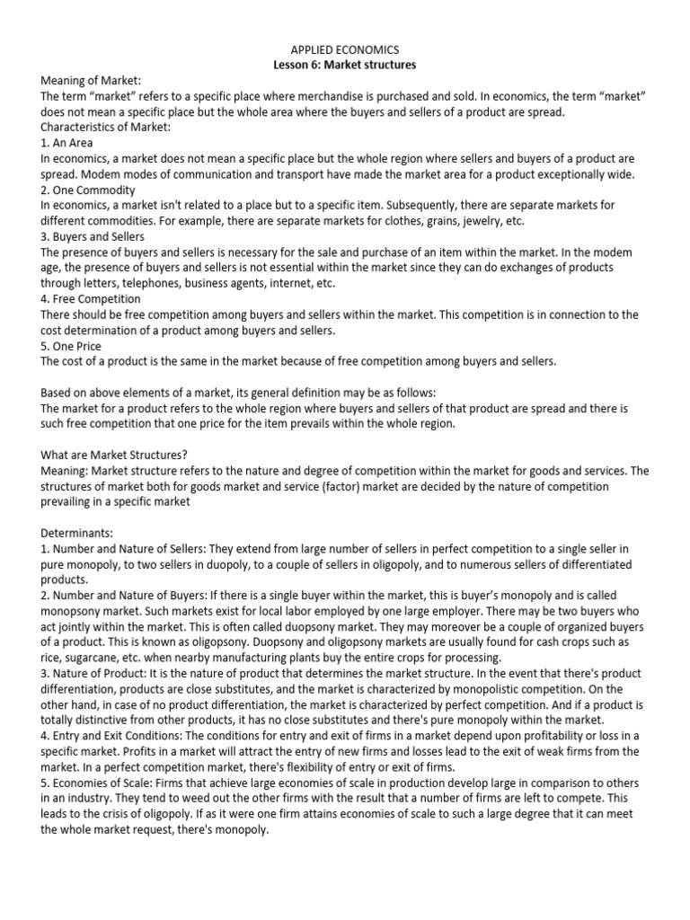 APPLIED ECONOMICS Lesson 6 | PDF | Monopoly | Market (Economics)