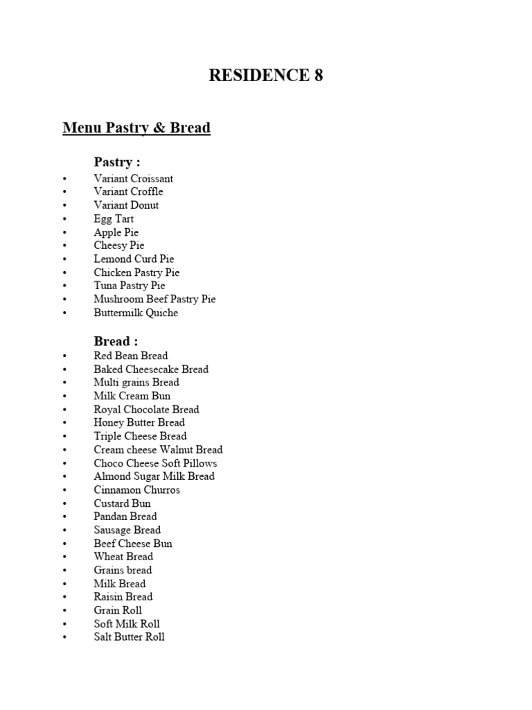 Residence 8: Pastries, Cakes & Drinks Menu | PDF