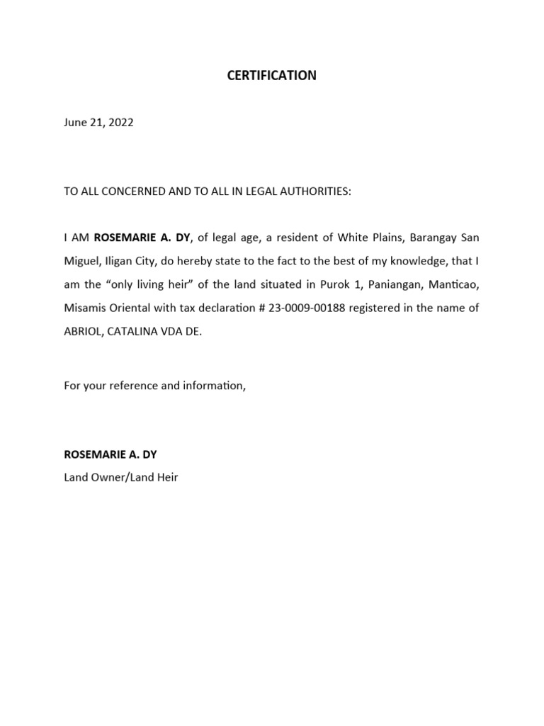 Cert of Only Living Heir (Quarry) | PDF