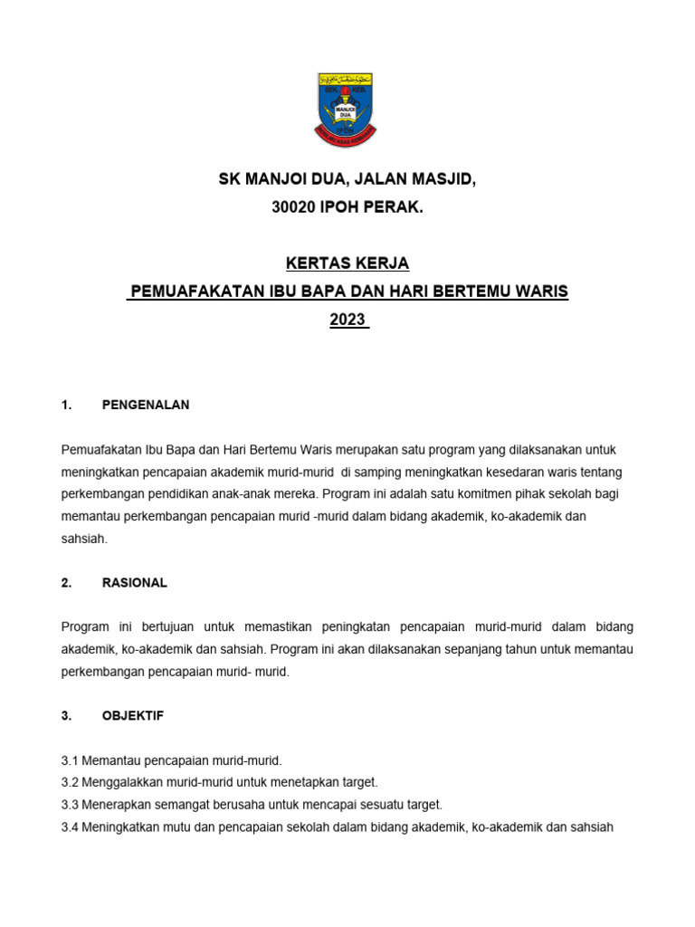 Kertas KerjaProgram Pemuafakatan Ibu Bapa Dan Bertemu Waris 2023 | PDF