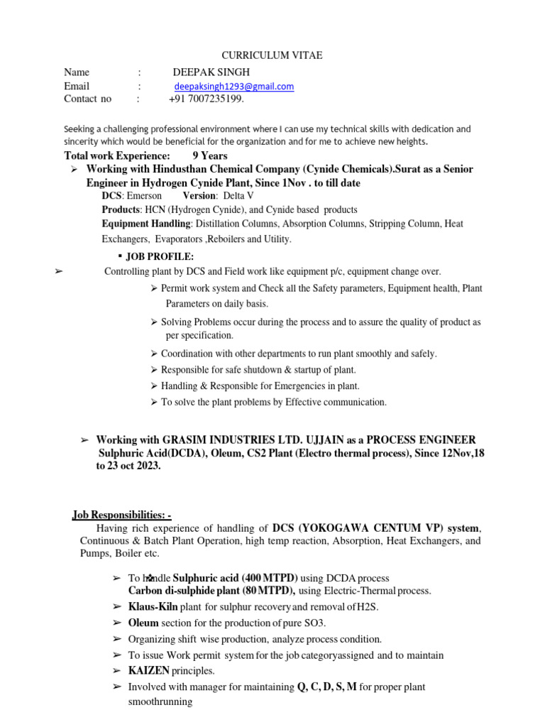 DEEPAK. Singh New CV1 | PDF | Cyanide | Chemical Reactor
