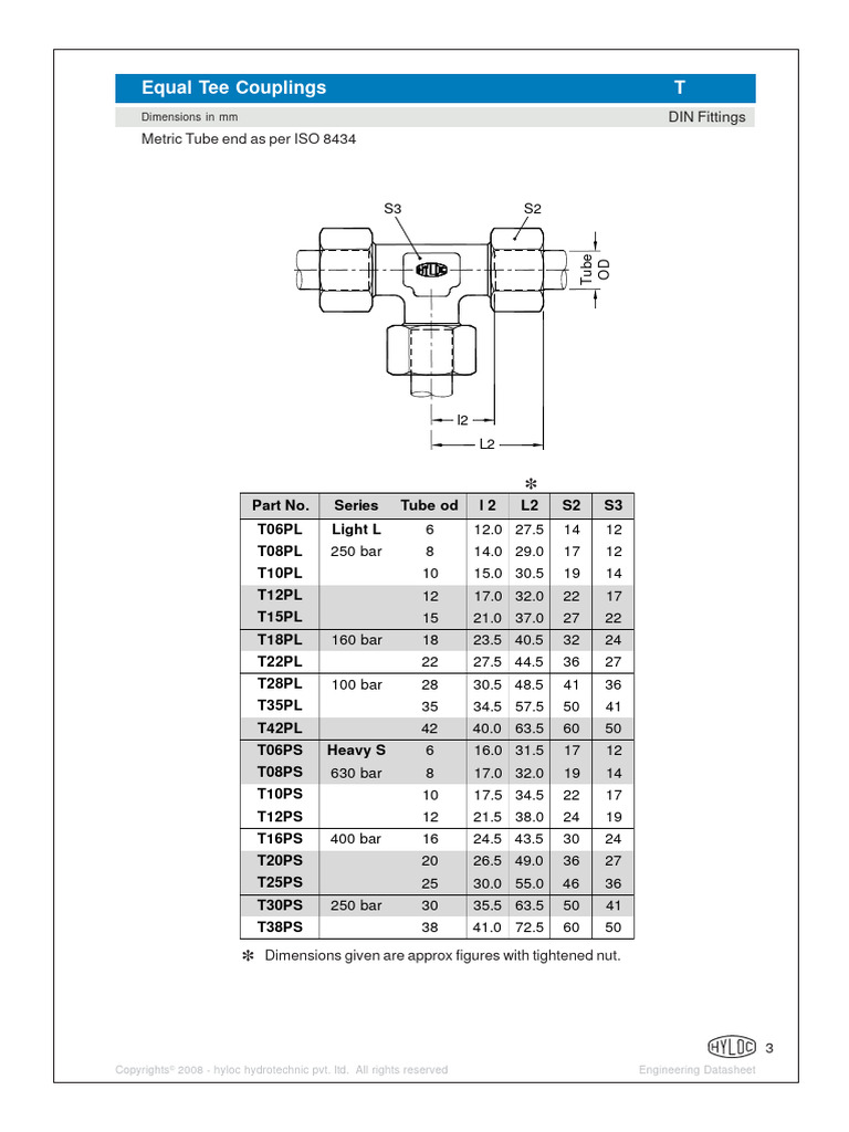 Equal Tee Couplings T: DIN Fittings Metric Tube End As Per ISO 8434 | PDF