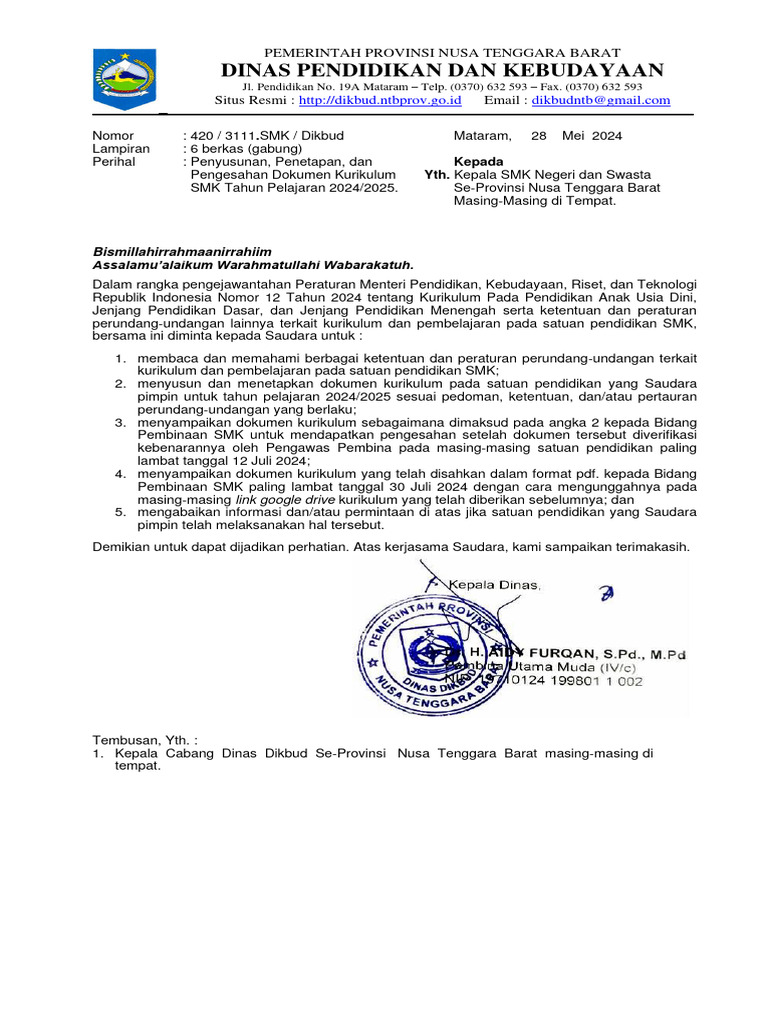 Surat Edaran Penyusunan Dokumen Kurikulum Tahun Pelajaran 2024-2025 | PDF
