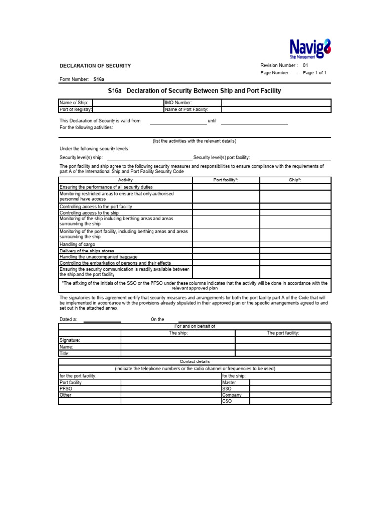Declaration of Security Between Ship and Port Facility | PDF | Water Transport | Shipping