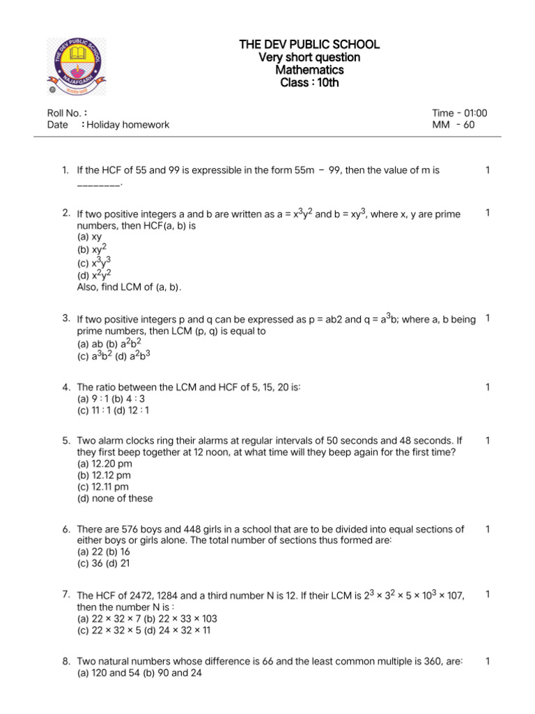 Very Short Question 10th Class | PDF | Quadratic Equation | Polynomial