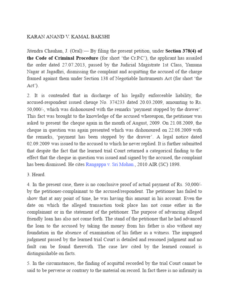 Karan Anand v. Kamal Bakshi | PDF | Acquittal | Cheque