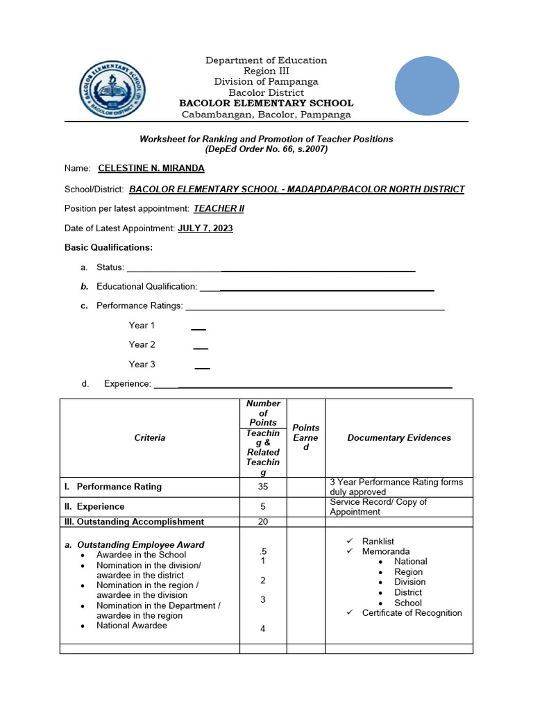 Worksheet For Ranking and Promotion | PDF