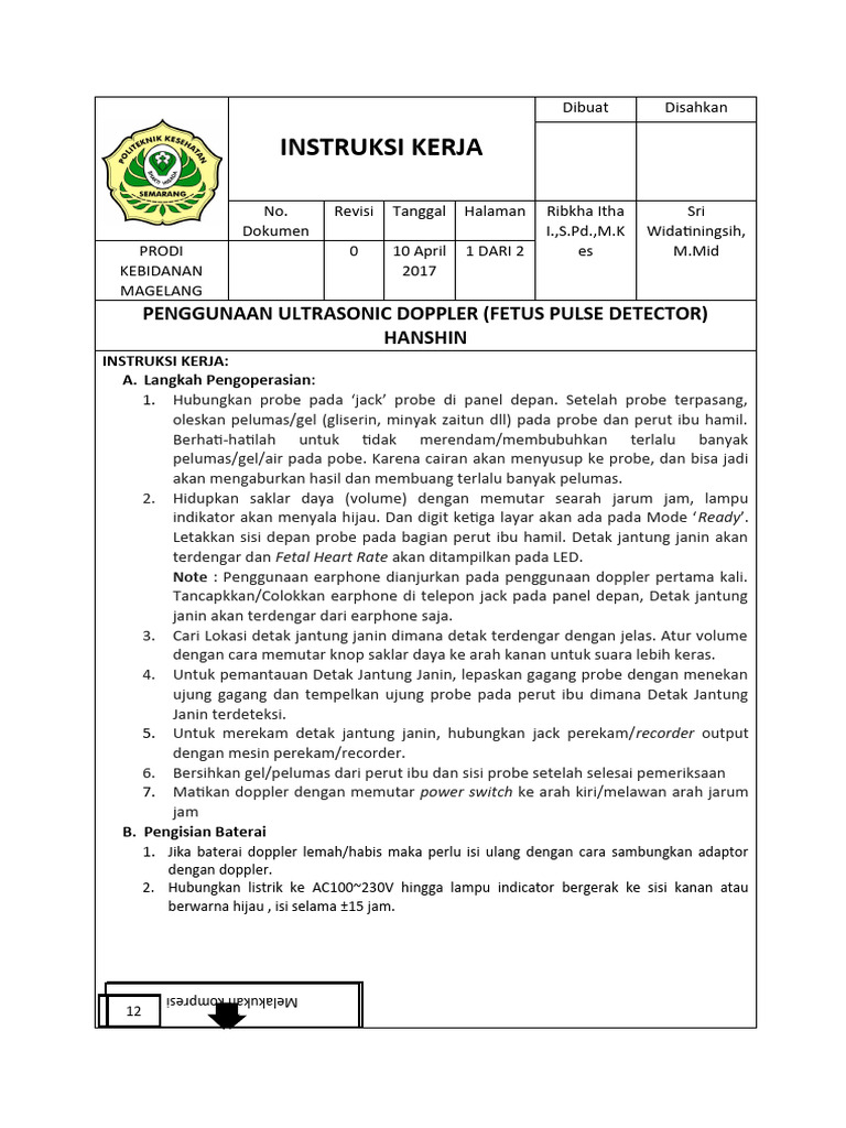 INSTRUKSI KERJA Doppler Hanshin | PDF