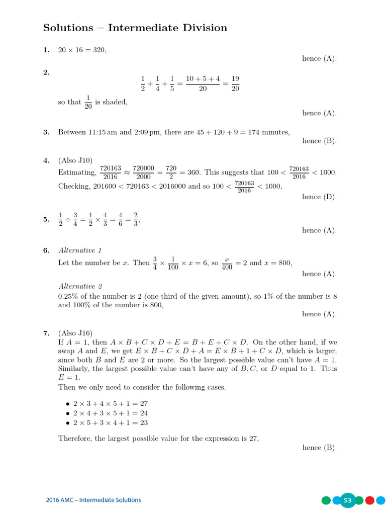 2016 Australian Mathematics Competition AMC Intermediate Years 9 And 10