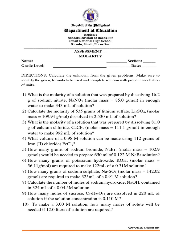 Advanced Chemistry Assessment: Molarity & Molality | PDF | Mole (Unit ...