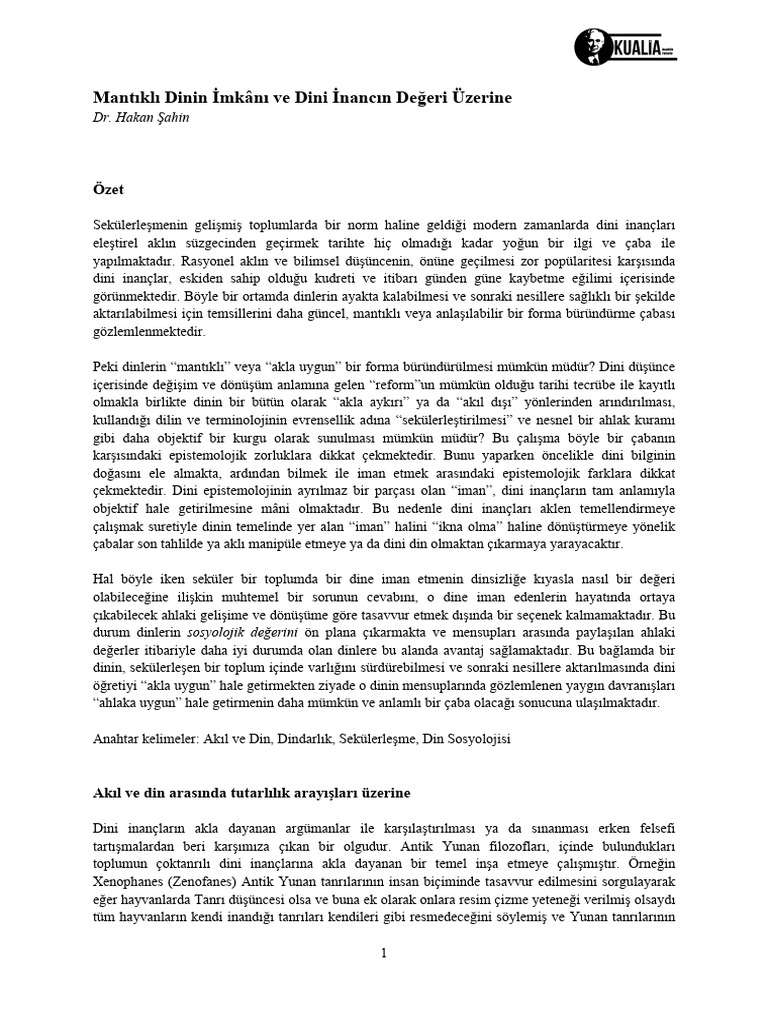 Mantikli Dinin Imkani Ve Dini Inancin Degeri Uzerine 2 | PDF