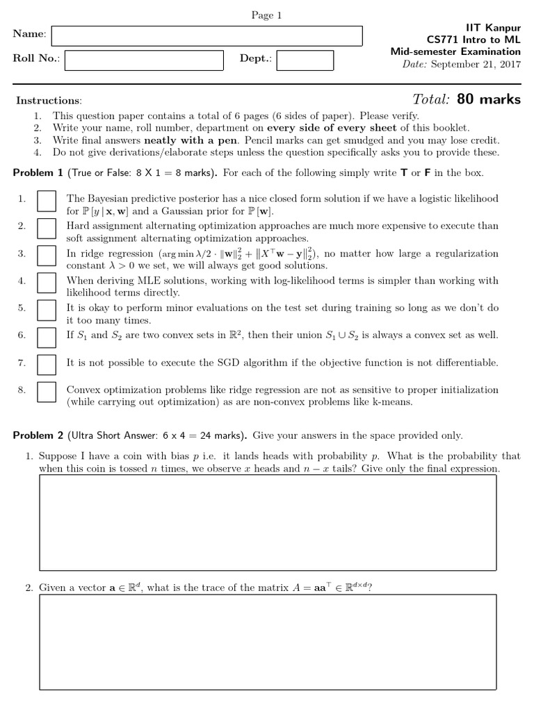 Total: 80 marks: arg min λ/2 · kwk + X w − y | PDF | Cluster Analysis ...