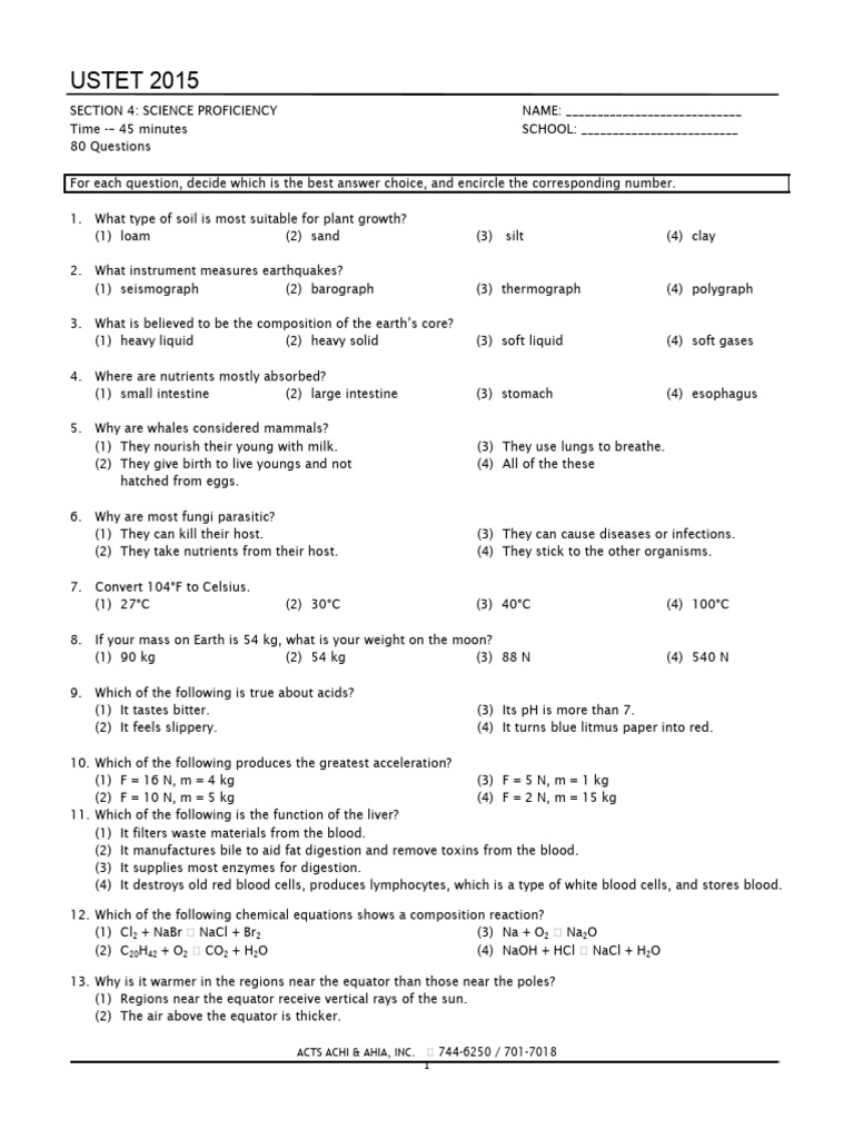 (Ustet 2015) Science Proficiency | PDF | Chemistry | Atoms
