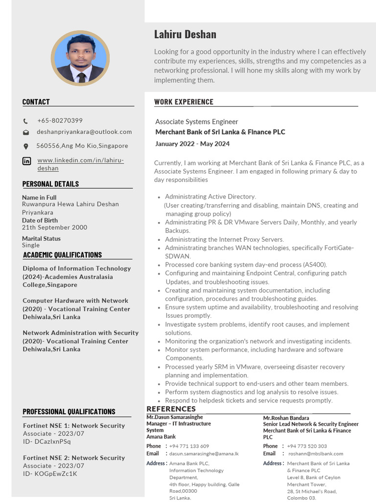 Lahiru Deshan Curriculum Vitae | PDF | Computer Network | Server (Computing)
