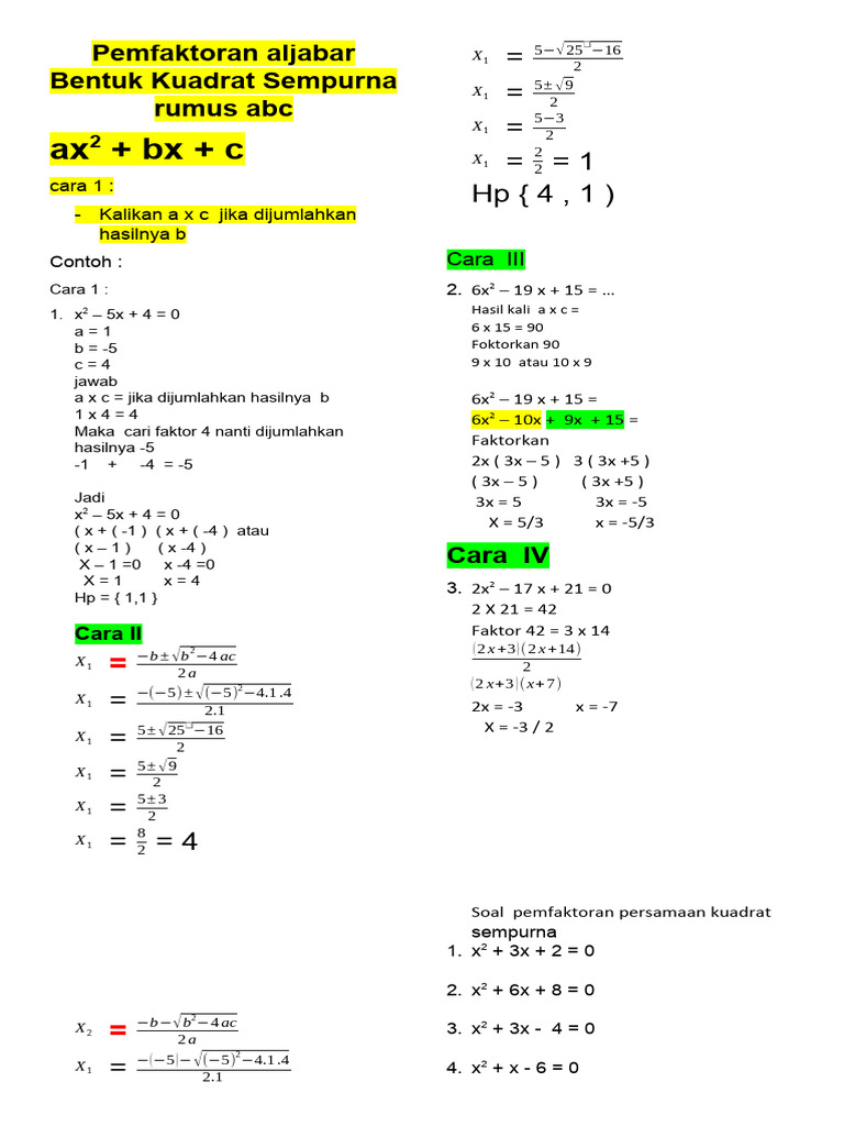 Pemfaktoran Aljabar Bentuk Kuadrat Sempurna Rumus ABC | PDF