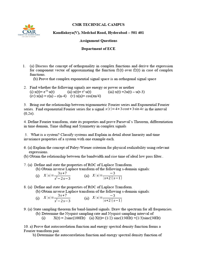 Assignment Questions | PDF | Laplace Transform | Spectral Density