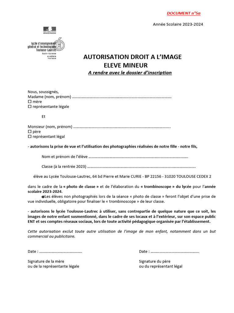 2023-Tstmg - Doc 5a - El革es Mineurs - Autorisation Droit a l'Image | PDF