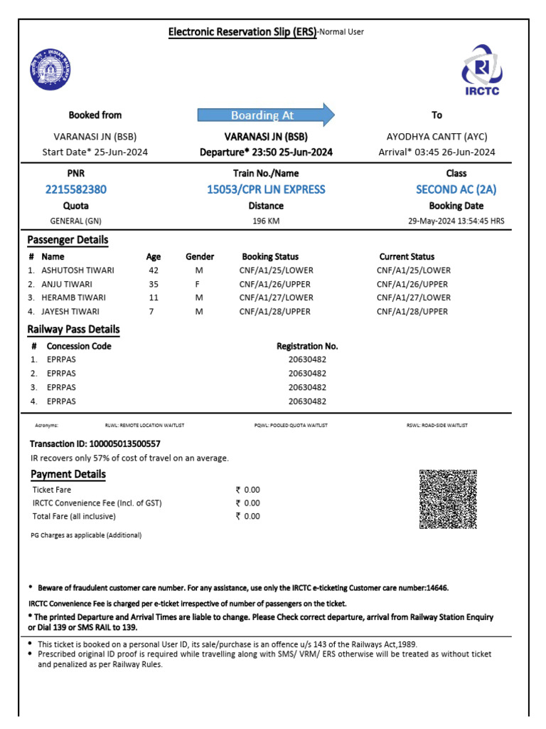 15053/Cpr LJN Express Second Ac (2A) | Download Free PDF | Identity Document