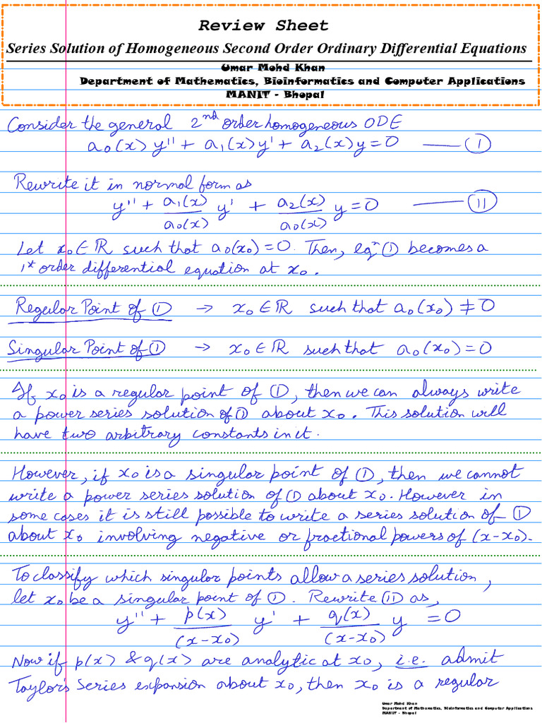 Ode Series Solution Of Homogeneous Second Order Ode Download Free Pdf Ordinary