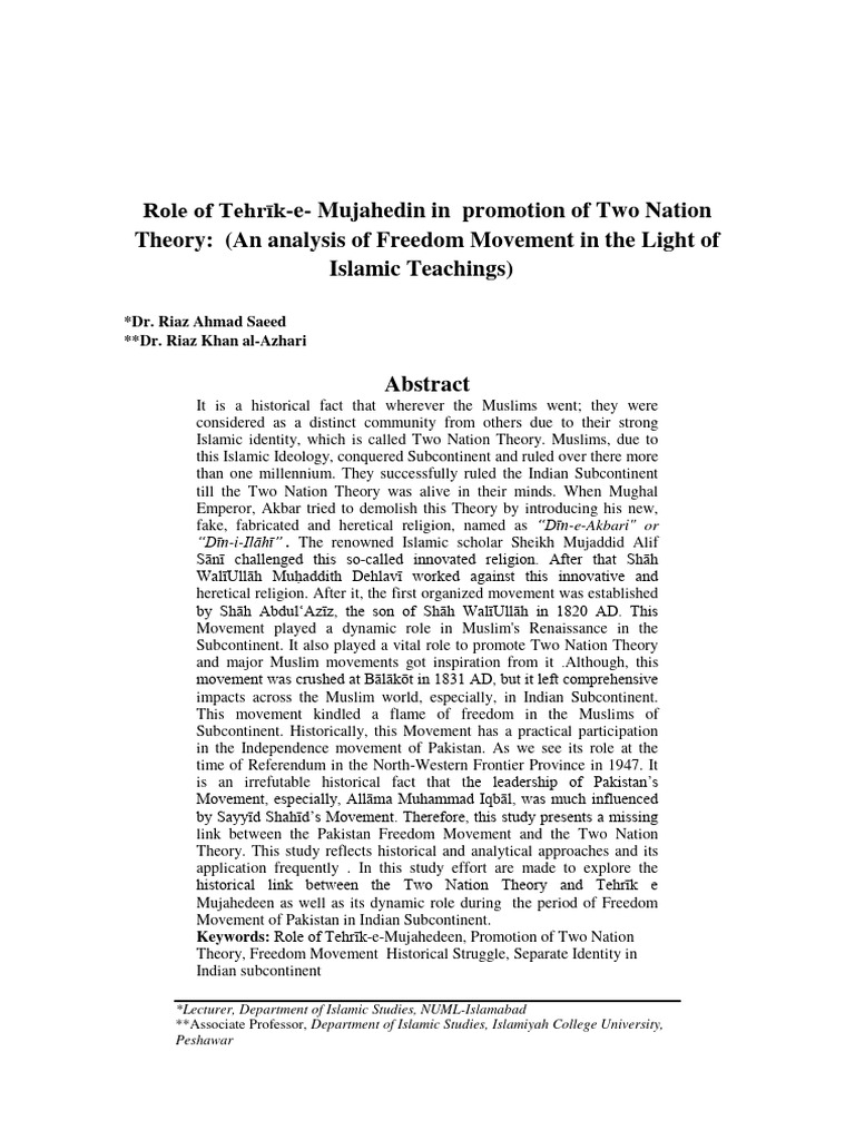 Tehrīk-e-Mujahedin and Two Nation Theory | PDF | Two Nation Theory ...