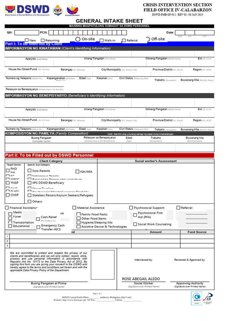 DSWD PMB GF 011 Rev 02 Aics General Intake Sheet | PDF | Social Work ...