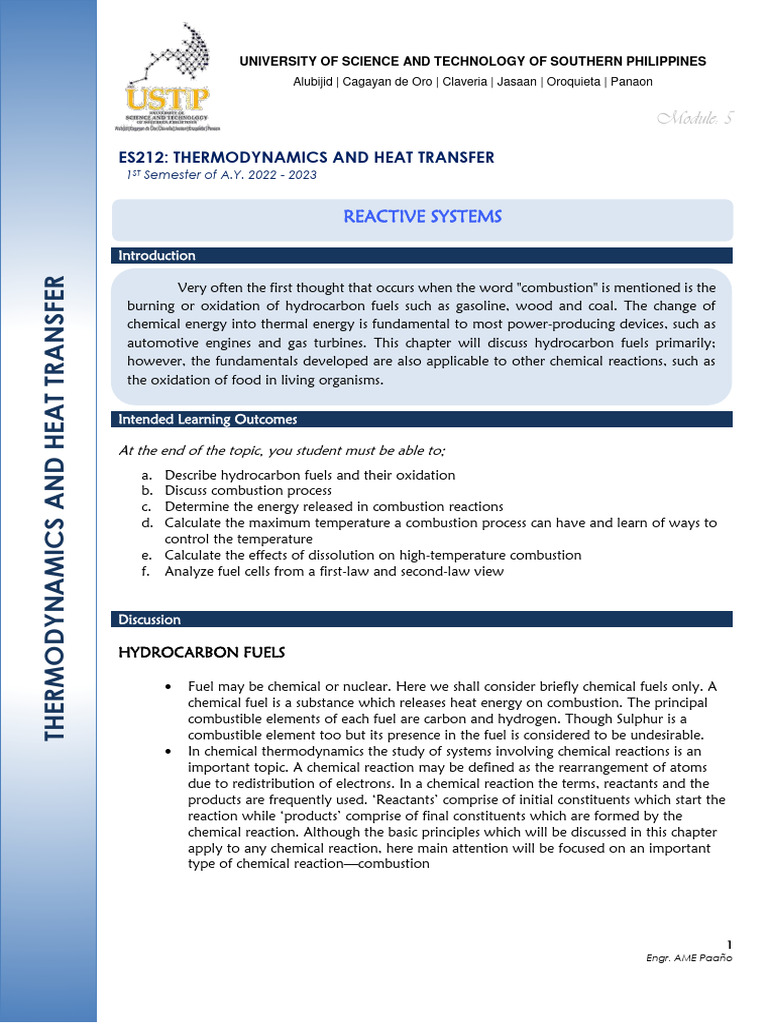 ES212 MODULE 5 Reactive Systems | PDF | Combustion | Fuels