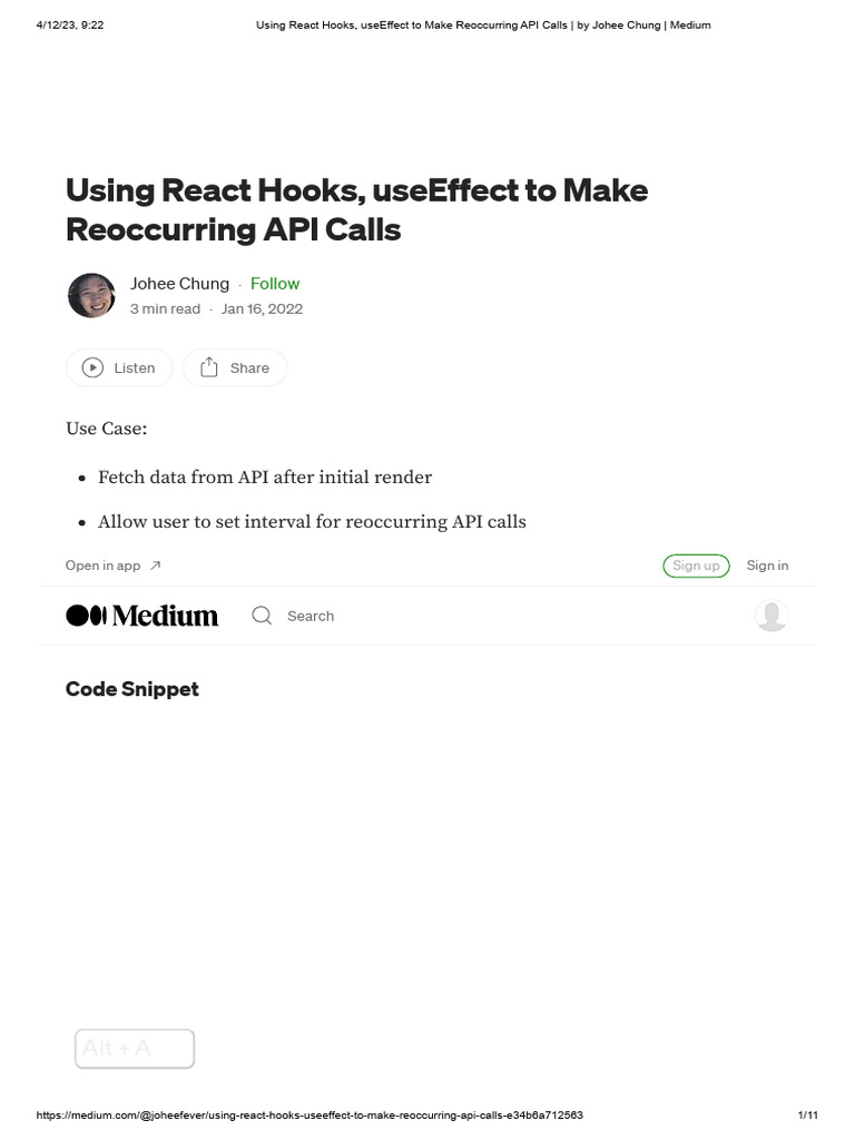 Using React Hooks, UseEffect To Make Reoccurring API Calls - by Johee Chung - Medium | PDF ...