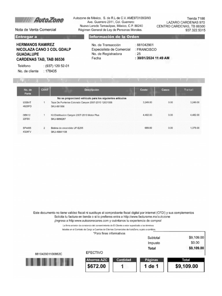 Autozone Comprobante de Compraf | PDF