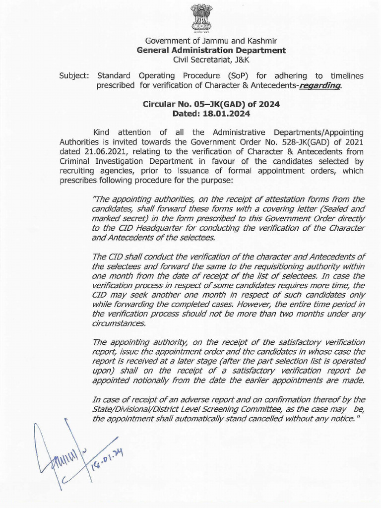 Circular No 05-JK (GAD) of 2024 Dated 18.01.2024 | PDF