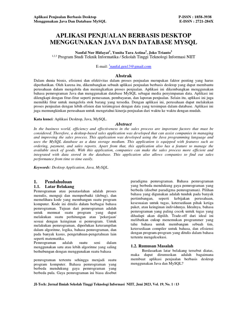 Aplikasi Penjualan Berbasis Desktop Menggunakan Java Dan Database Mysql | PDF