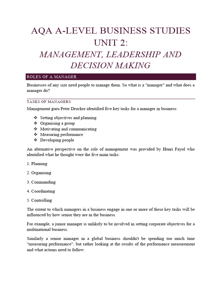 Unit 2 Revision | PDF | Leadership | Risk