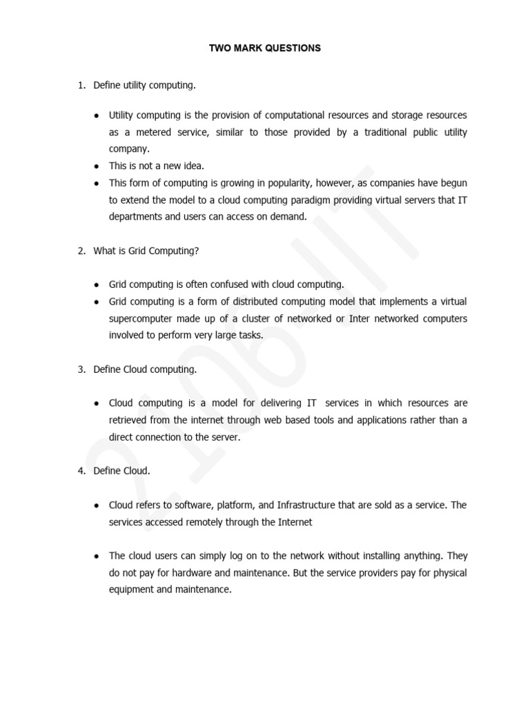 Two Mark Questions - Unit 1 | PDF | Parallel Computing | Cloud Computing