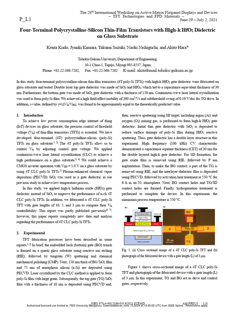 Four-Terminal Polycrystalline-Silicon Thin-Film Transistors With High-K HfO2 Dielectric On Glass ...